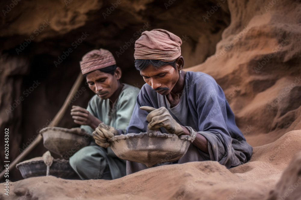 Group of Indian men working on the extraction of mica powder crystals ...