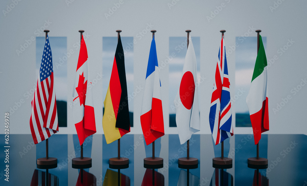 G7 summit. flags of members of G7 group of seven and list of countries ...