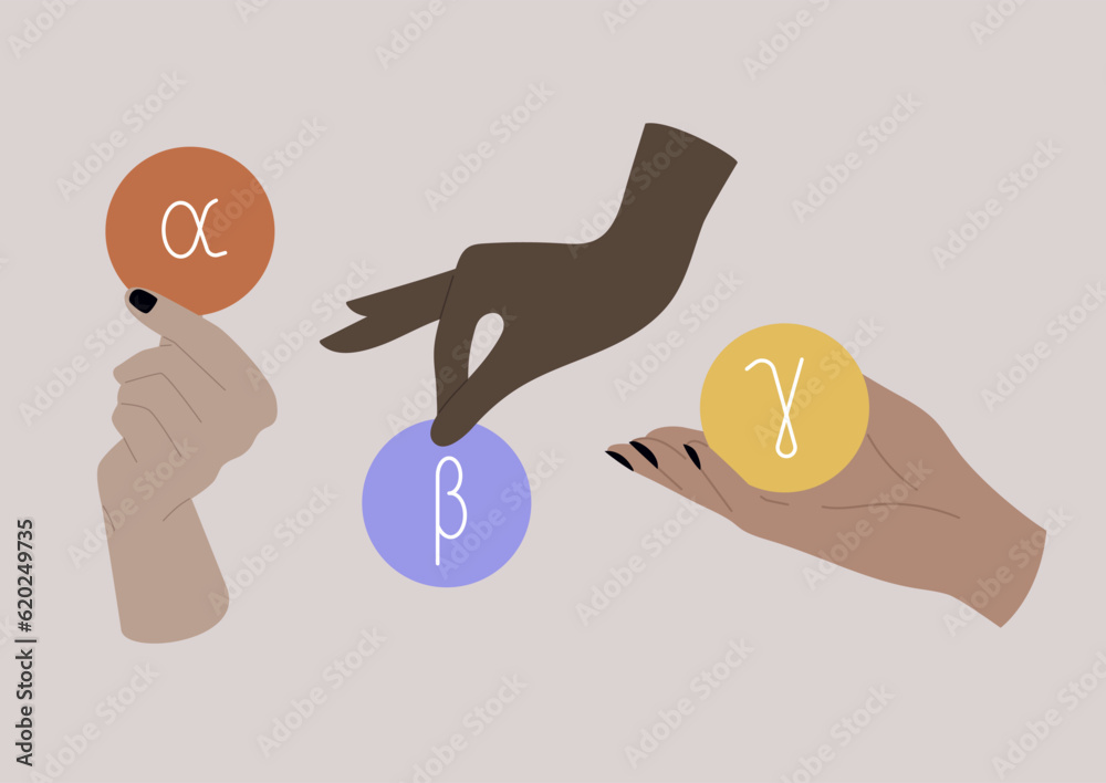 Hands holding stickers with alfa, beta and gamma signs on them ...