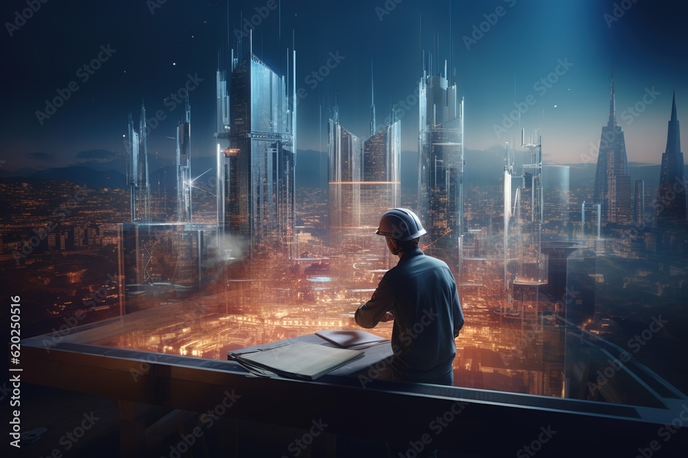 Male Architect designing a modern building with Holographic Augmented ...