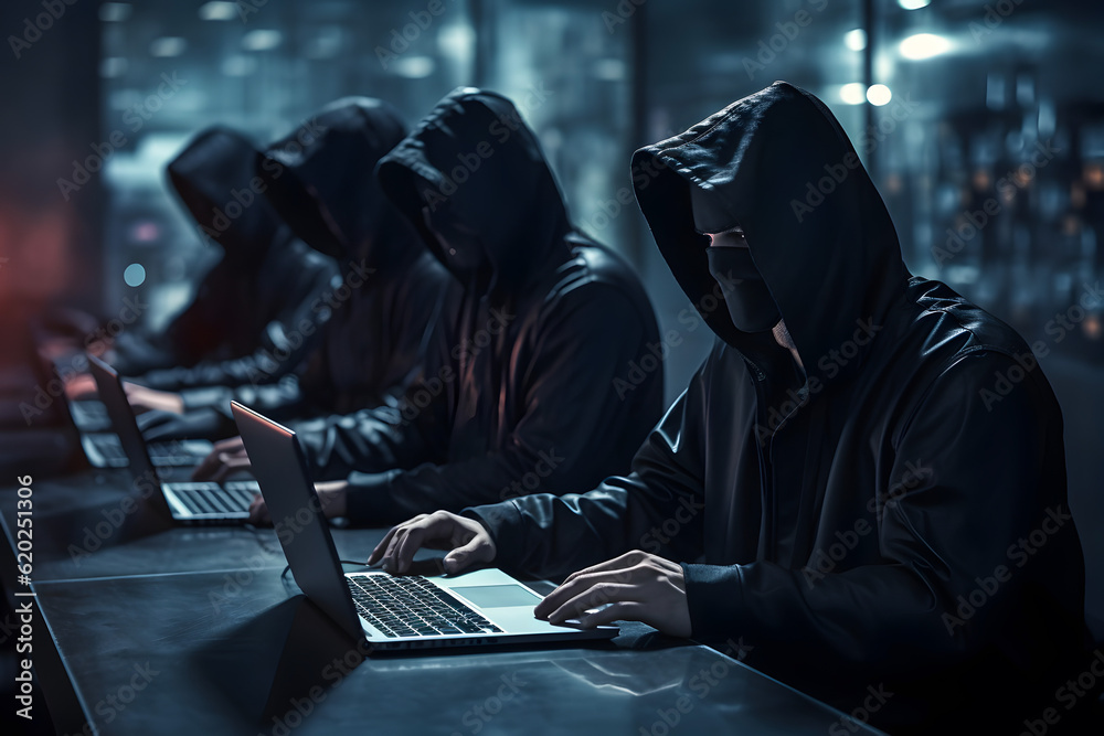 Hackers with hoodies typing laptops. Hacker group, organization or ...