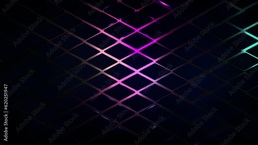 3D render futuristic animated background from rhomb shapes with neon ...