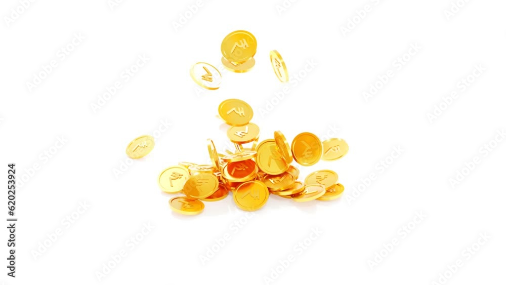 3D animated video of golden coins with Rupee symbol falling on the ...
