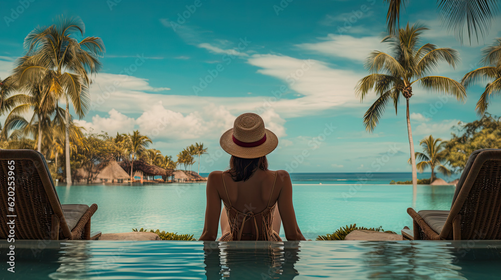 back view of a pretty young woman in a bikini sitting on the beach and ...
