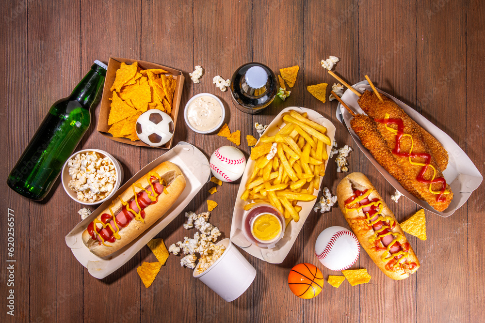 Traditional sport stadium foods and beer background, Set of various ...