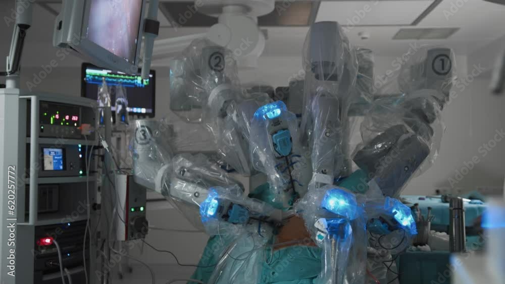 Surgical robotic arm system in fully equipped operating room in modern ...