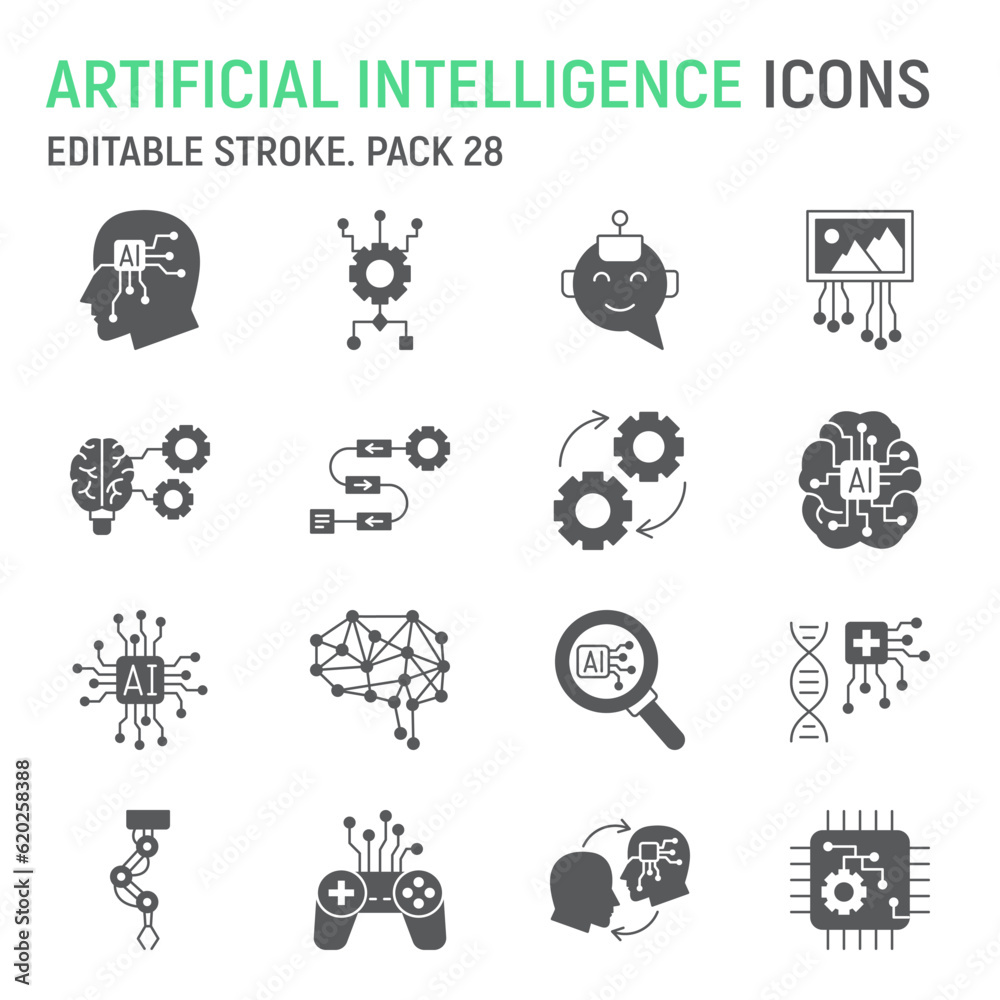 Artificial intelligence glyph icon set, technology collection, AI ...