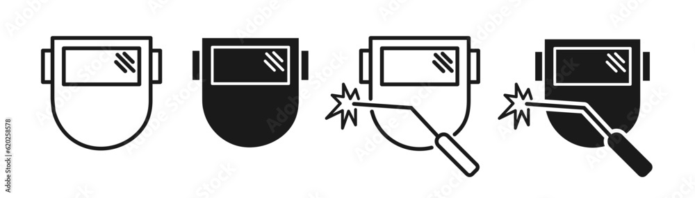 Welding safety helmet icon set. Welder mask vector pictogram in filled ...