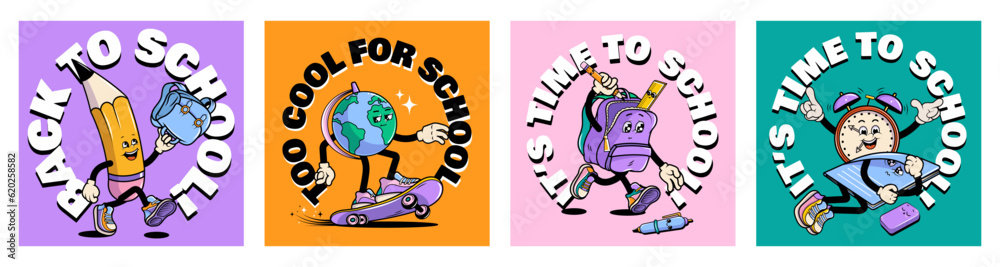 Back to school vector poster set with walking funny cute comic ...