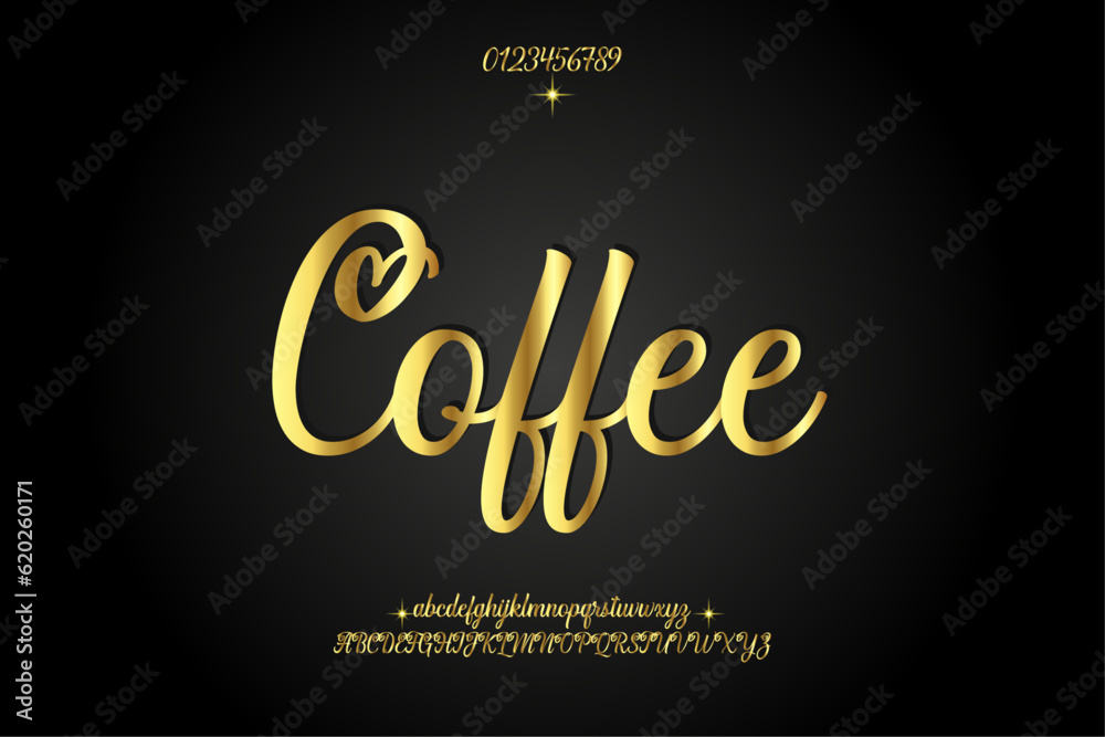 Coffee, Elegant golden alphabet letters font set. Classic Custom gold ...