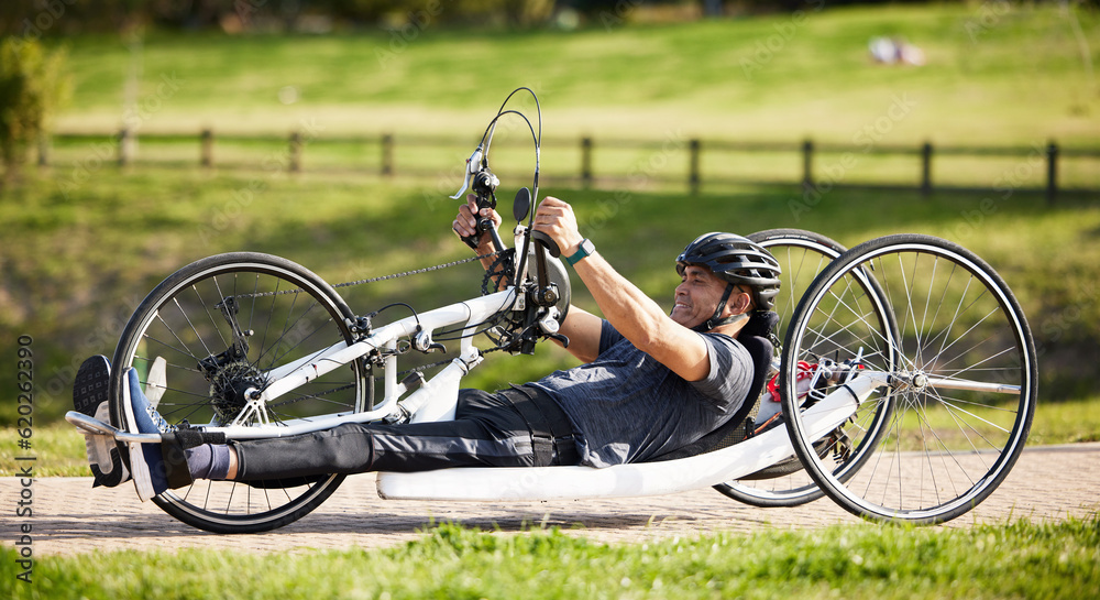 Cycling, fitness and health with man and handcycle in nature for ...