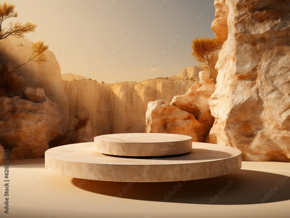 natural podium pedestal product display beige color background cream ...