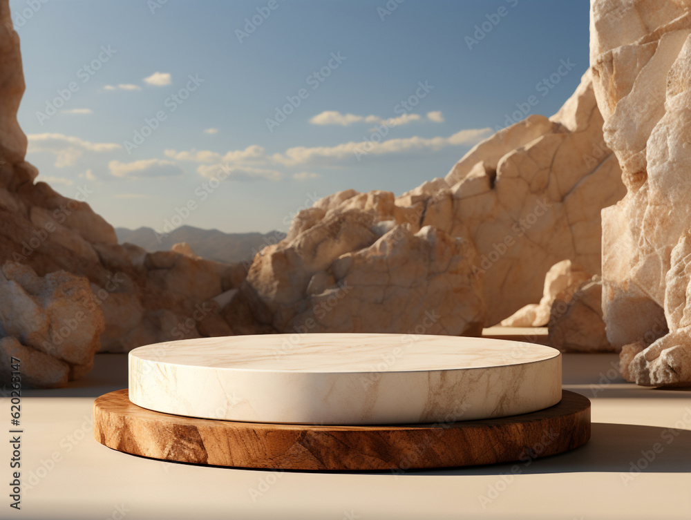 natural podium pedestal product display beige color background cream ...