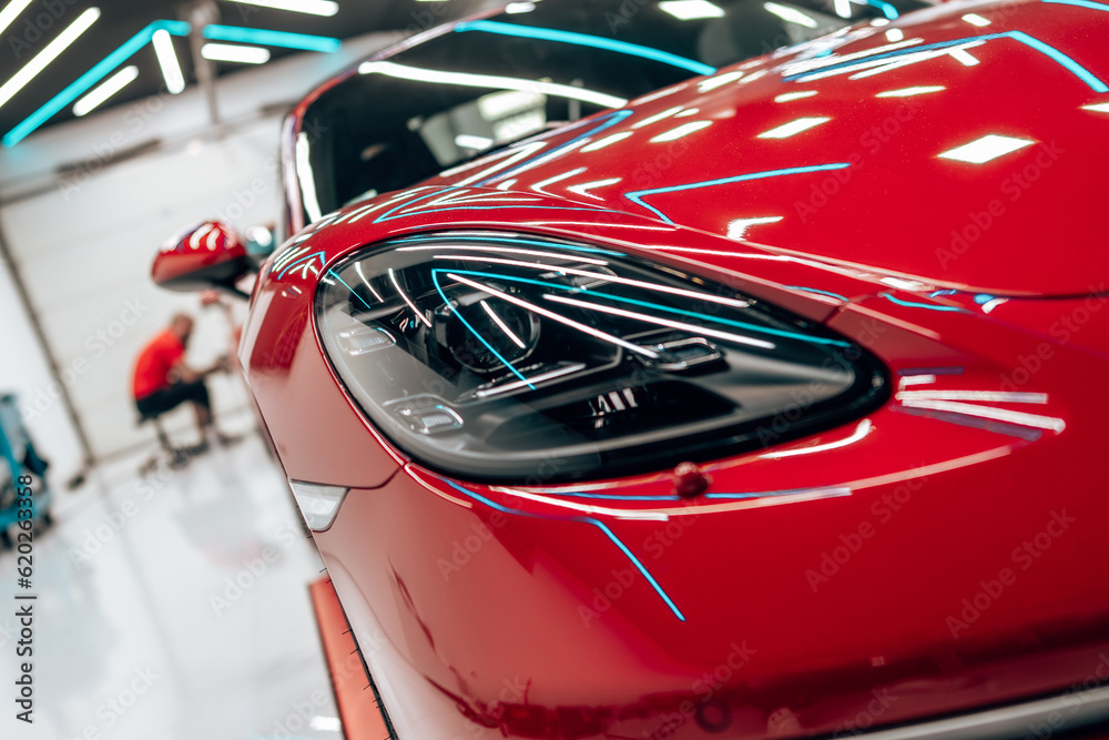 Interior of modern car workshop for vehicle polishing and detailing ...