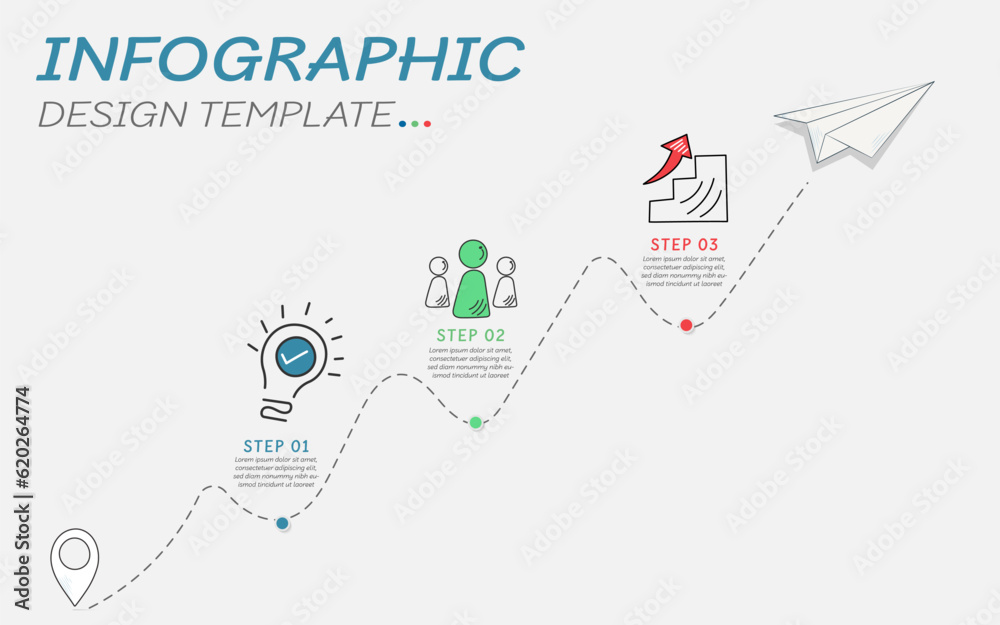 Infographic doodle design template. Hand drawn Timeline concept with 3 ...
