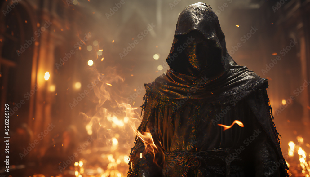 Tenebrist recreation of demonic monk with robe and hood in fire ...