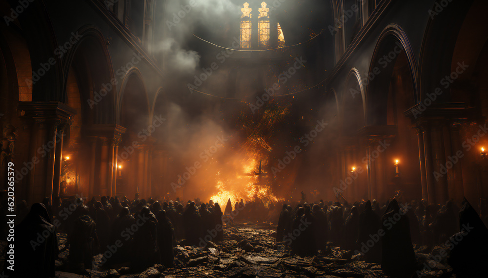 Tenebrist recreation of a big fire inside a big cathedral with people ...