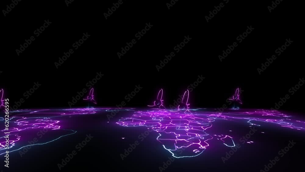 world map with glowing effect and together with wind turbines shows how ...