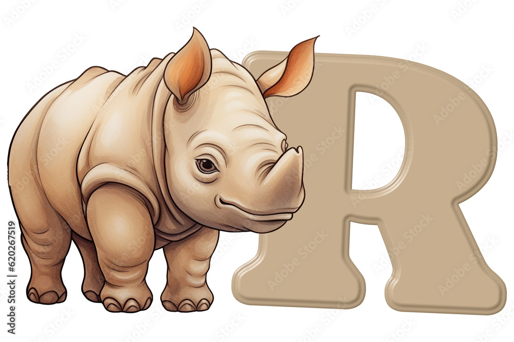 Uppercase letter R with cute rhino illustration, animal alphabet ...