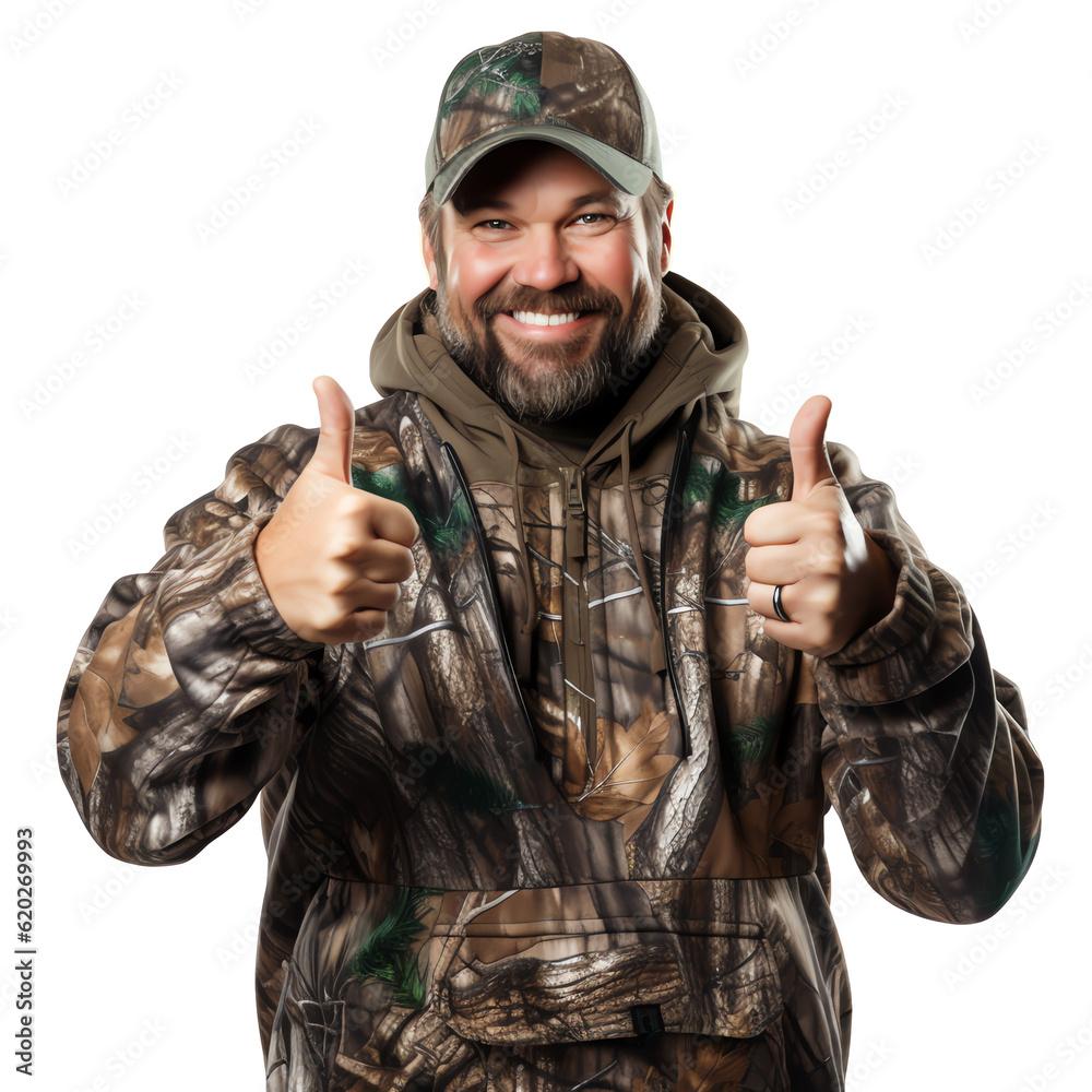 Happy hunter fisher in camouflage hat and jacket smiling thumbs up ...