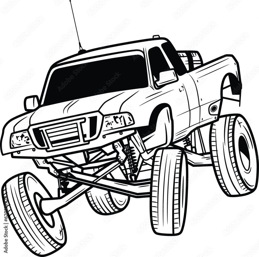 Outline drawing of an SUV with huge wheels flying in the air ...