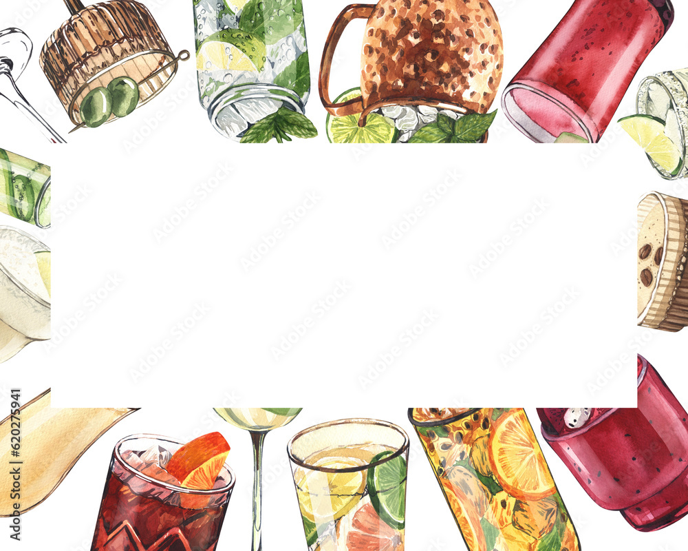 Watercolor frame, cocktail glasses: martini, gin,margarita,mojito ...