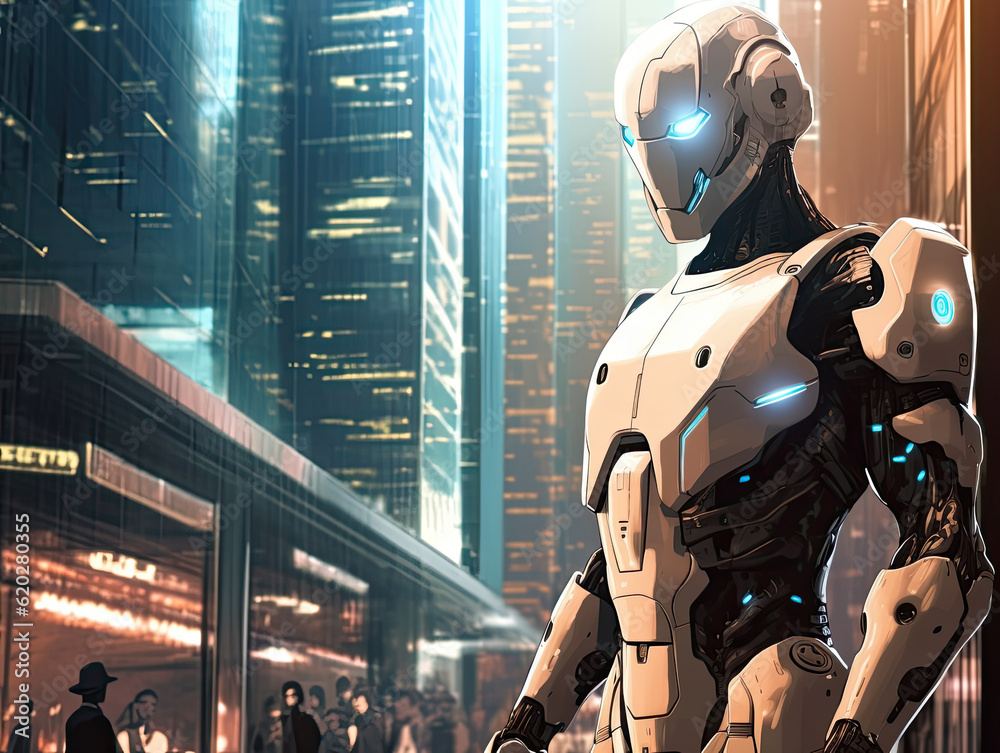 Sci-Fi Robot Security Guard Patrolling a Futuristic Building ilustração ...