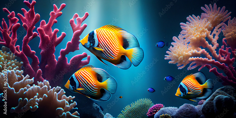Multi-colored tropical fish swimming underwater against the backdrop of ...