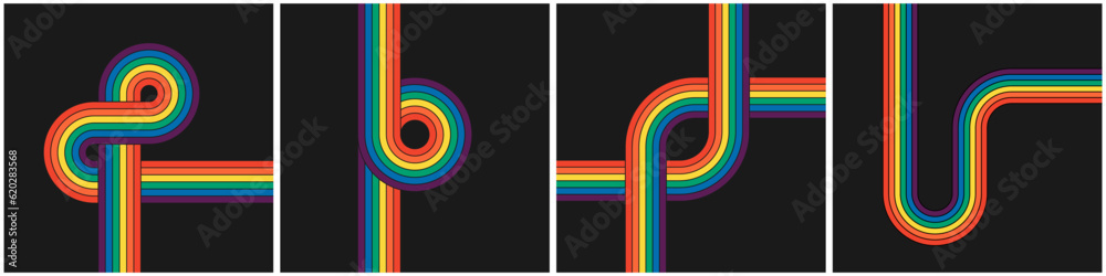 Retro groovy rainbow color striped square poster set. Geometric hippie ...