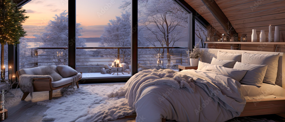 A hotel resort bedroom with a view of a snowy winter scene. The ...