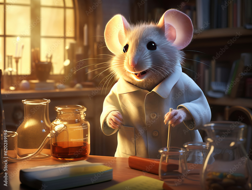 Storybook mouse in laboratory surrounded by scientific elements ...