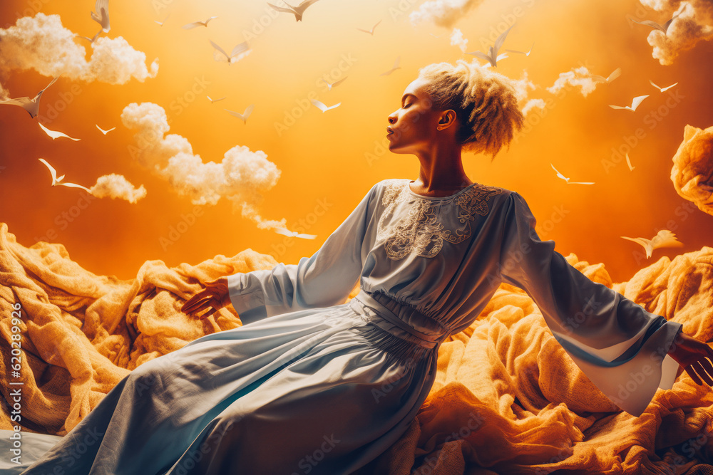 Unusual artistic concept. Figure of a woman in rapture in heaven. Young ...