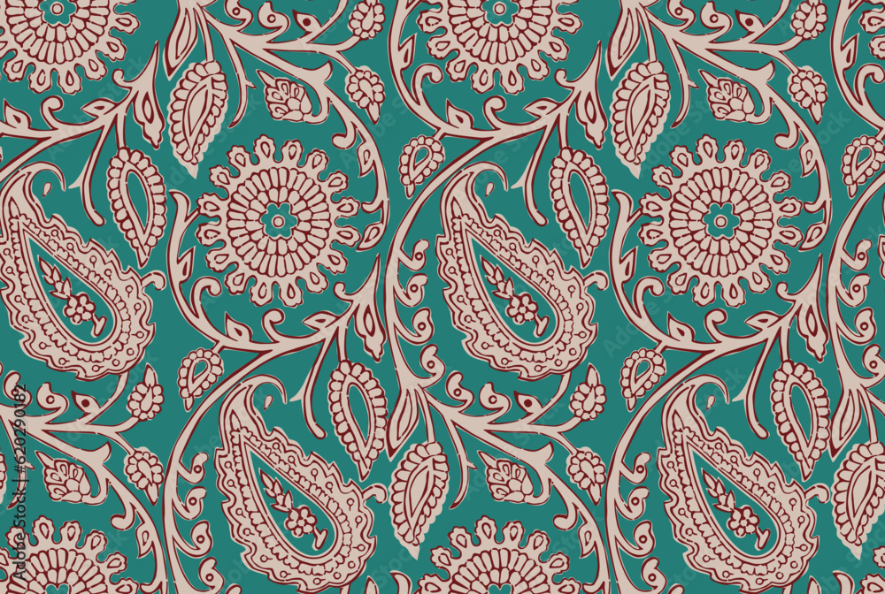 PAISLEY AND MARIGOLD FLORAL PATTERN AJRAKH BAGRU SANGANER BLOCK PRINT ...