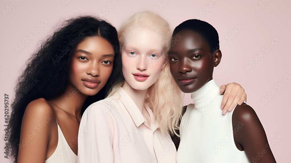 beauty diversity, 3 models with different skin colors, albino girl ...