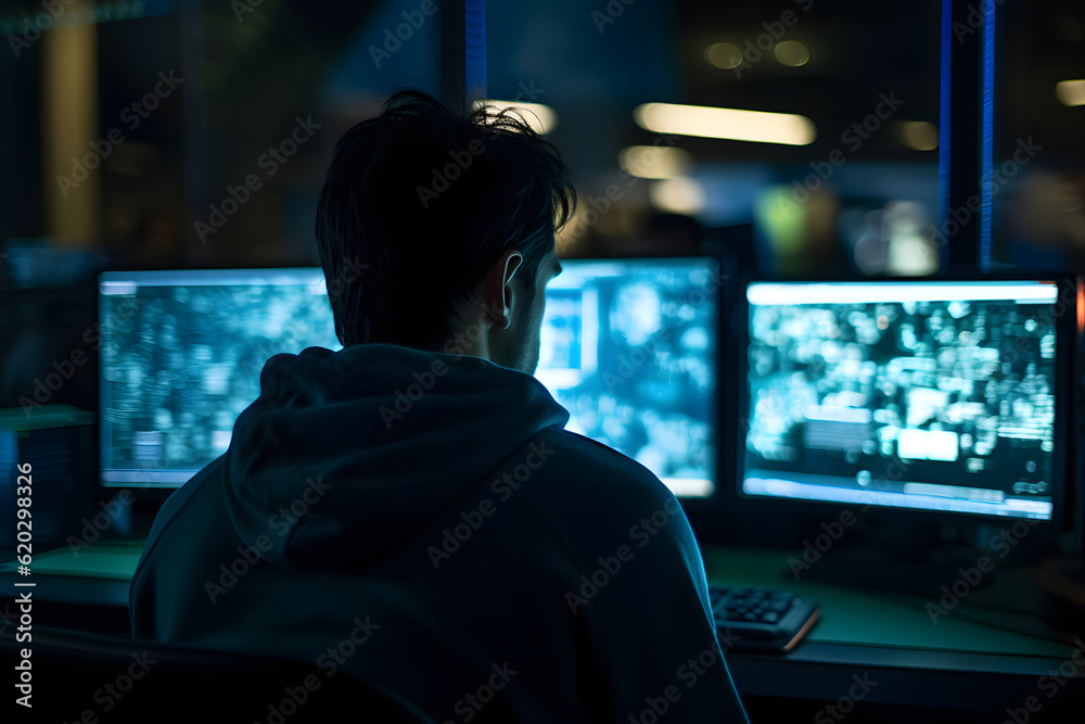 sideview of person sitting in front of many screens and displays and ...
