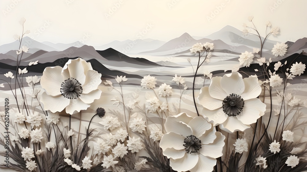"Inky Meadows: Grayscale Ink Wash of Serene Countryside with Flowing ...