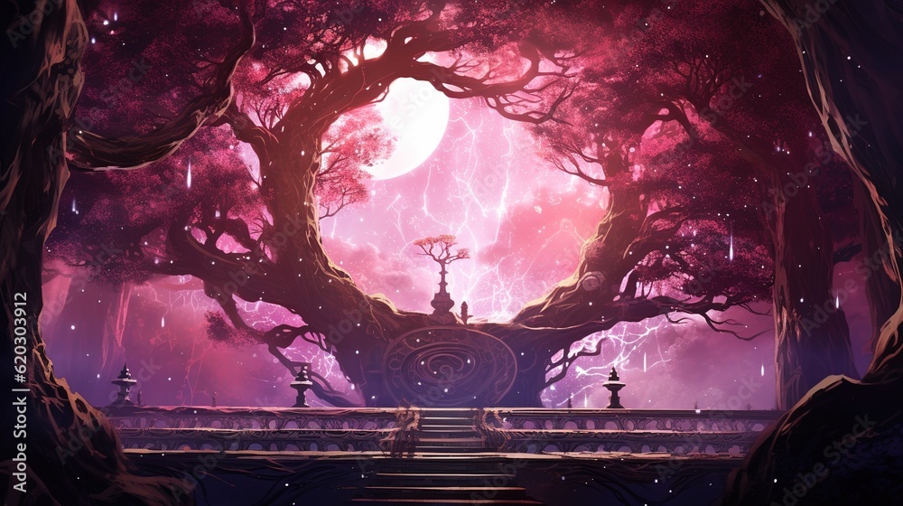 space background with tree in japanese style glowing space tunnel ...