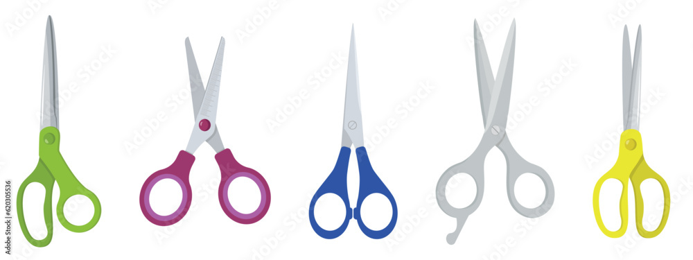 Set of cute scissors in cartoon style. Vector illustration of colored ...