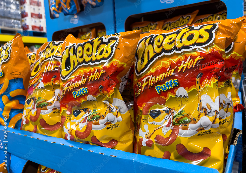 Los Angeles, CA, USA July 3 2023 Bags of Cheetos Flamin' hot brand ...
