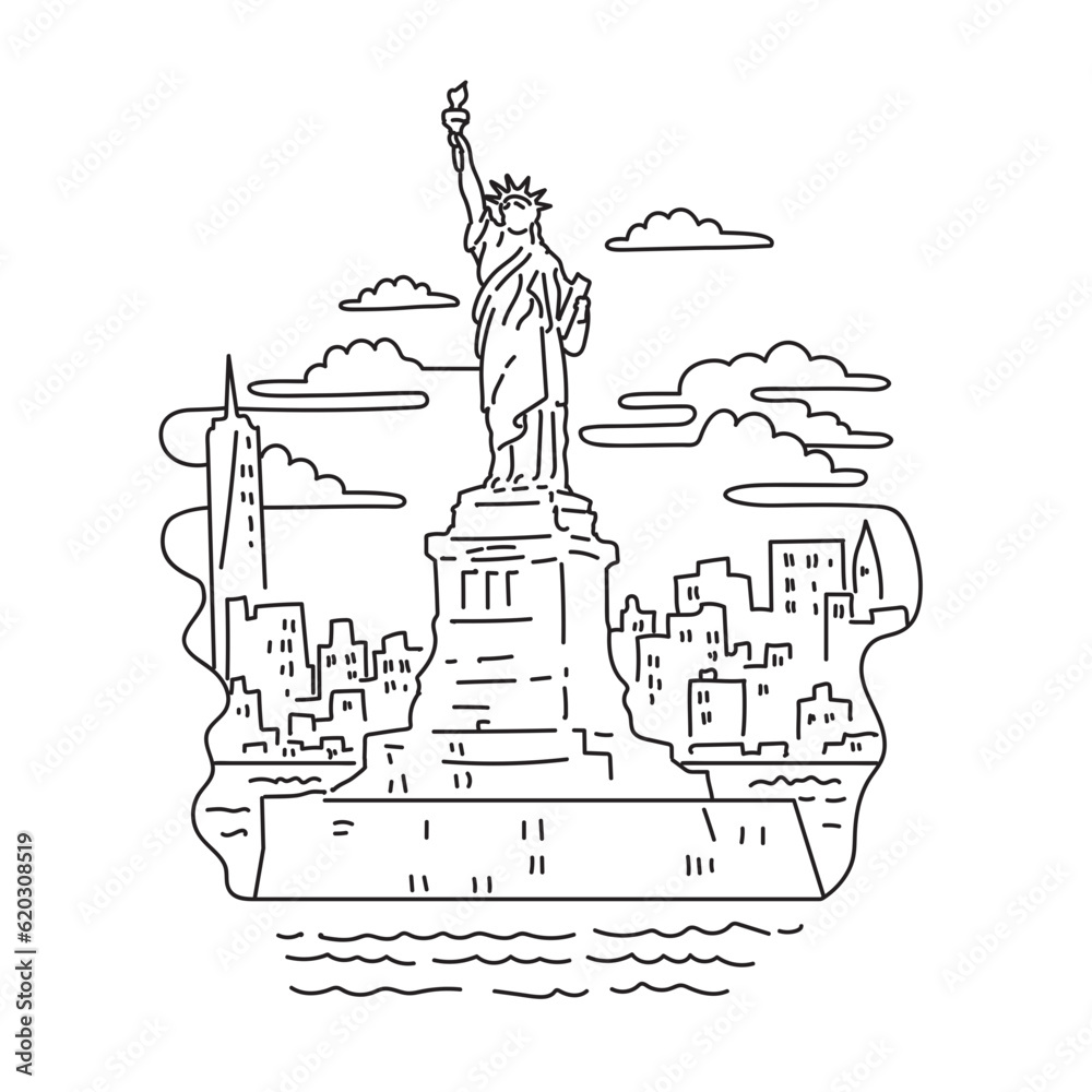 Mono line illustration of the Statue of Liberty with New York City ...