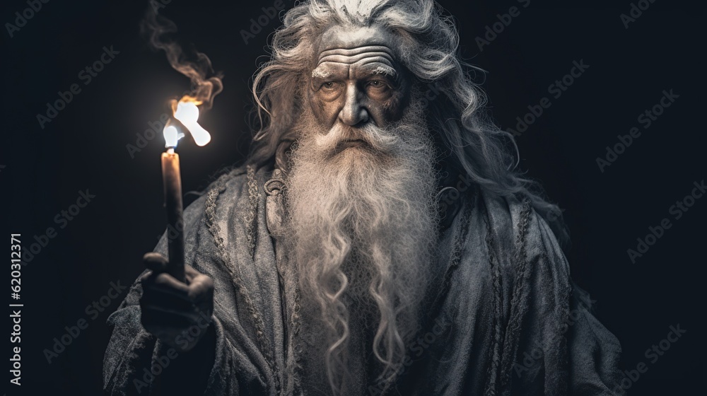 An old man with a beard and hair holds a burning candle in his hand ...