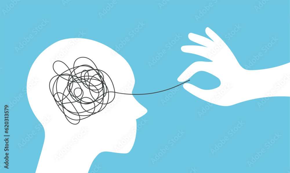 Abstract metaphor of psychotherapy. Head silhouette with mental ...
