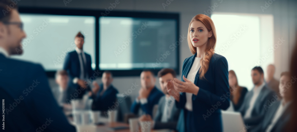 Presentation of a female leader speaking in a conference room before ...