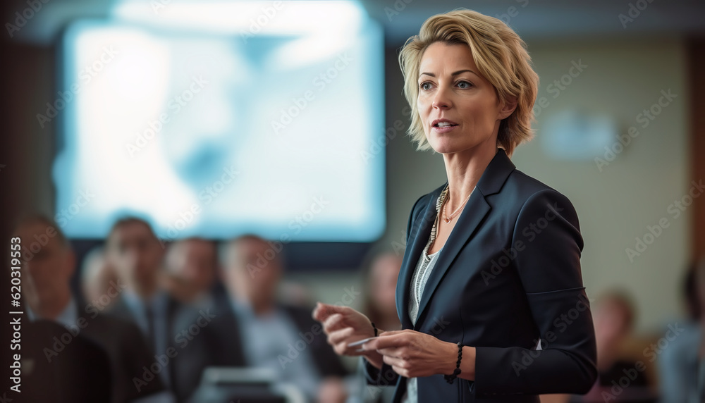 A female business leader gives a presentation in a conference room and ...