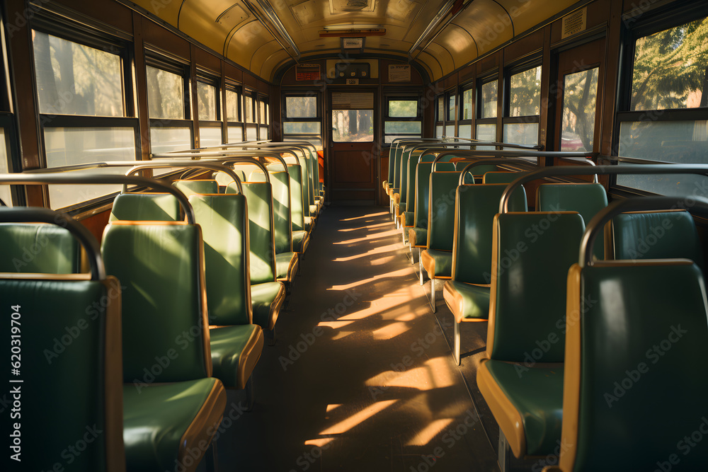 A perspective shot from inside an empty school bus, looking out the ...