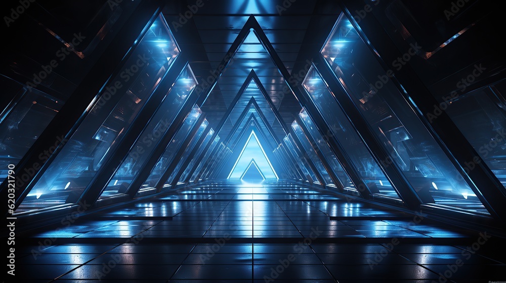 Abstract triangle spaceship corridor futuristic tunnel with light AI ...