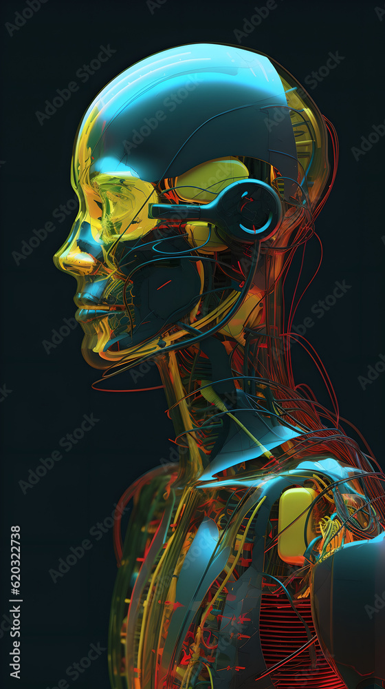 Techno Elegance: A Realistic Robotic Man Bathed in Yellow, Red, Blue ...