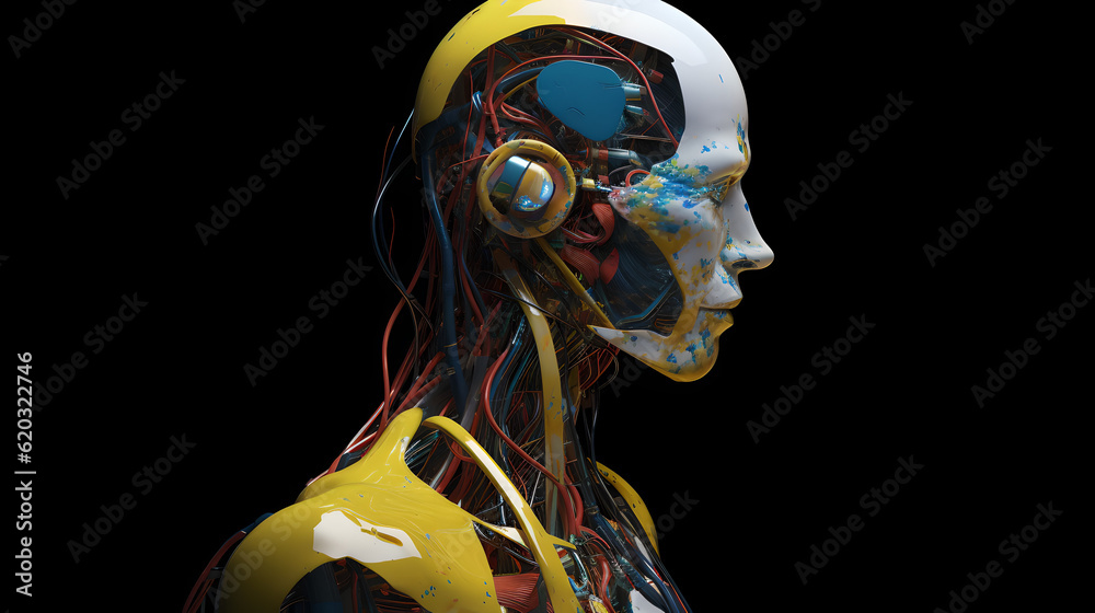 Techno Elegance: A Realistic Robotic Man Bathed in Yellow, Red, Blue ...