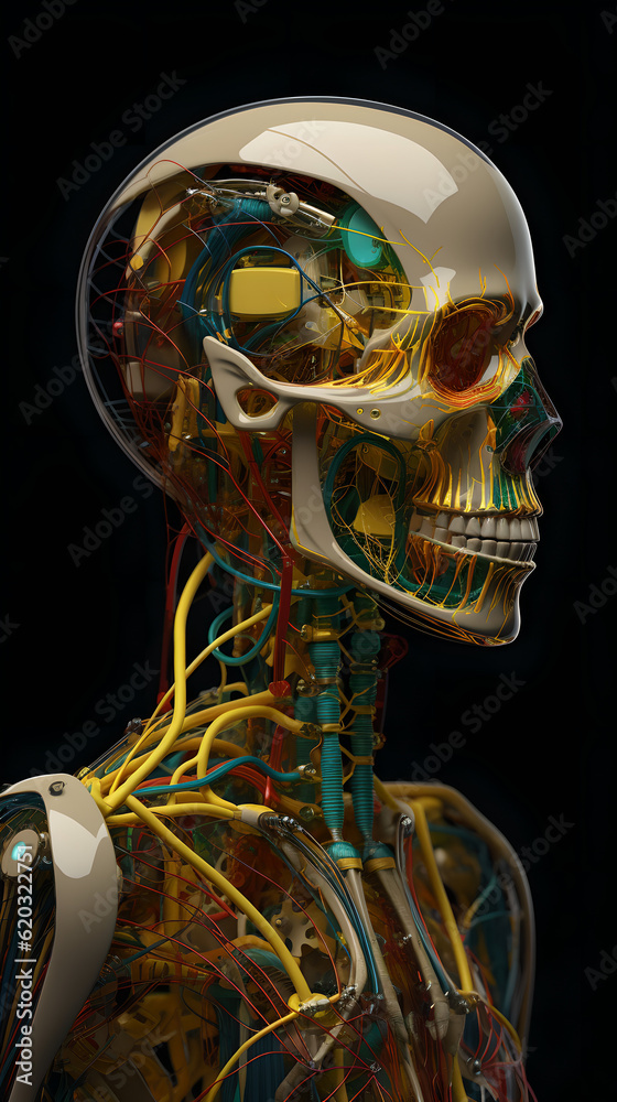 Techno Elegance: A Realistic Robotic Man Bathed in Yellow, Red, Blue ...