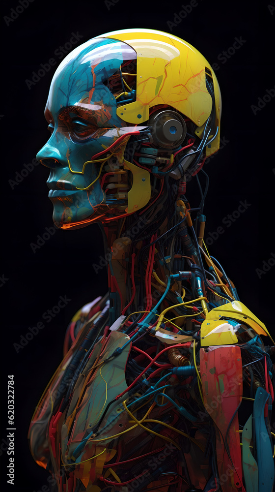 Techno Elegance: A Realistic Robotic Man Bathed in Yellow, Red, Blue ...